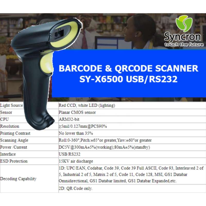 เครื่องอ่านสแกน2Dบาร์โค๊ด SYNCRON X6500 QRCODE Scanner 2D เชื่อมสาย USB ...