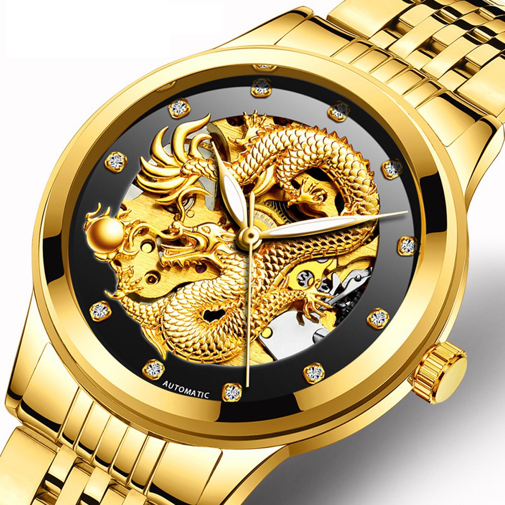 Men Automatic Mechanical Watch Gold Dragon Skeleton Clock wNkr ...