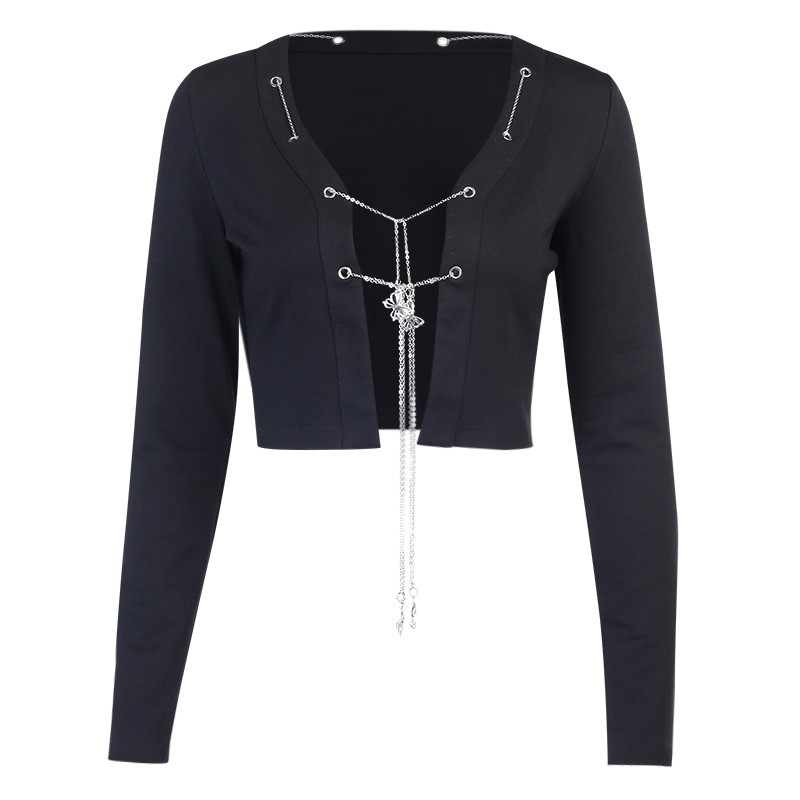 Lmc1001 เสื้อแจ็กเก็ต เสื้อคาร์ดิแกน ตัวสั้น แต่งสายโซ่ ลายผีเสื้อ ...