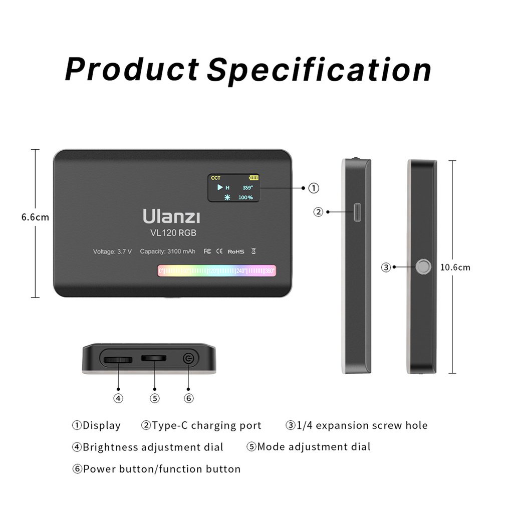 Ulanzi VL120 RGB Mini LED Video Light 2500K-9000K Photography Fill-in ...