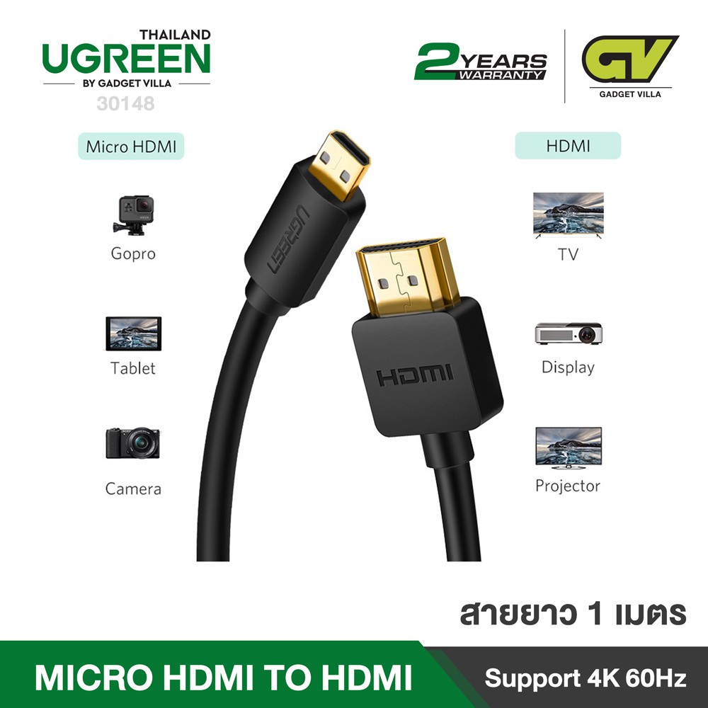 UGREEN รุ่น HD127 Micro HDMI to HDMI Cableรุ่น 30148 1 M/ รุ่น 30102 1.5M /รุ่น30103 2M/รุ่น ...