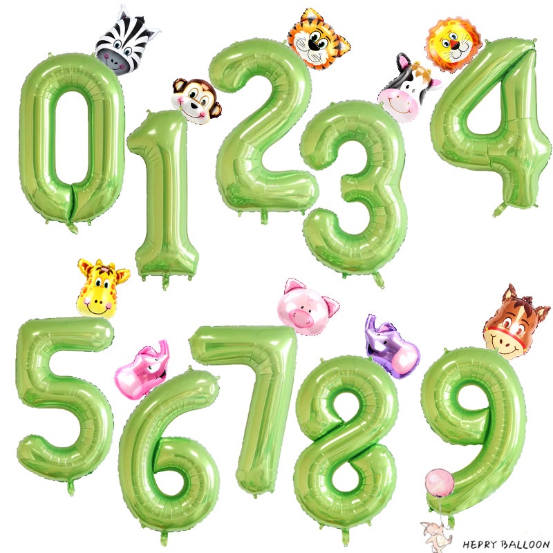 1 set Animal Head Number Foil Balloon 0-9 Helium Air Globos Jungle ...