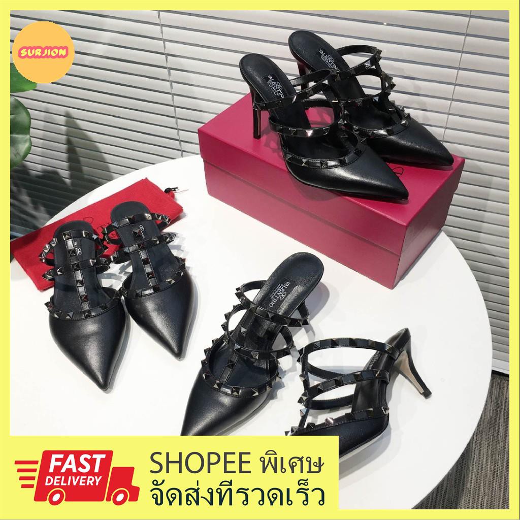 VALENTINO คลาสสิก rivet Tale ออกแบบรองเท้าส้นสูงรองเท้าผู้หญิงสีดำ ...