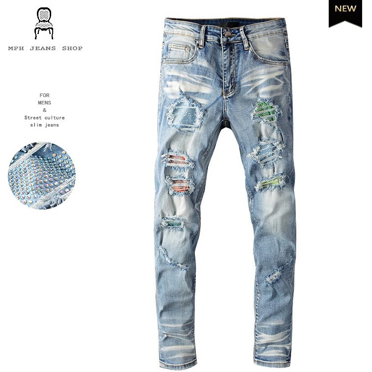 Amiri New ripped Hot Rhinestone Patches Slim Jeans - nysocialclub ...