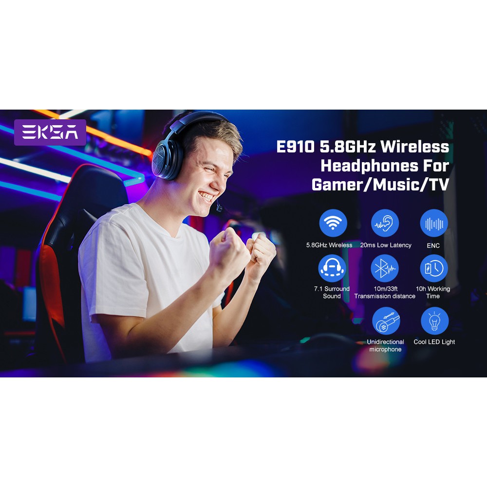 ชุดหูฟัง：EKSA 5.8GHz Wireless Headhones E910 Gaming Headset with Microhone/ENC/7.1 Surround/Low ...