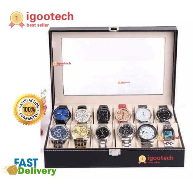 igootech Cassablu กล่องเก็บนาฬิกาข้อมือ 12 เรือน ฝากระจก บุหนัง ด้านในบุกำมะหยี่ กล่องใส่นาฬิกา ...