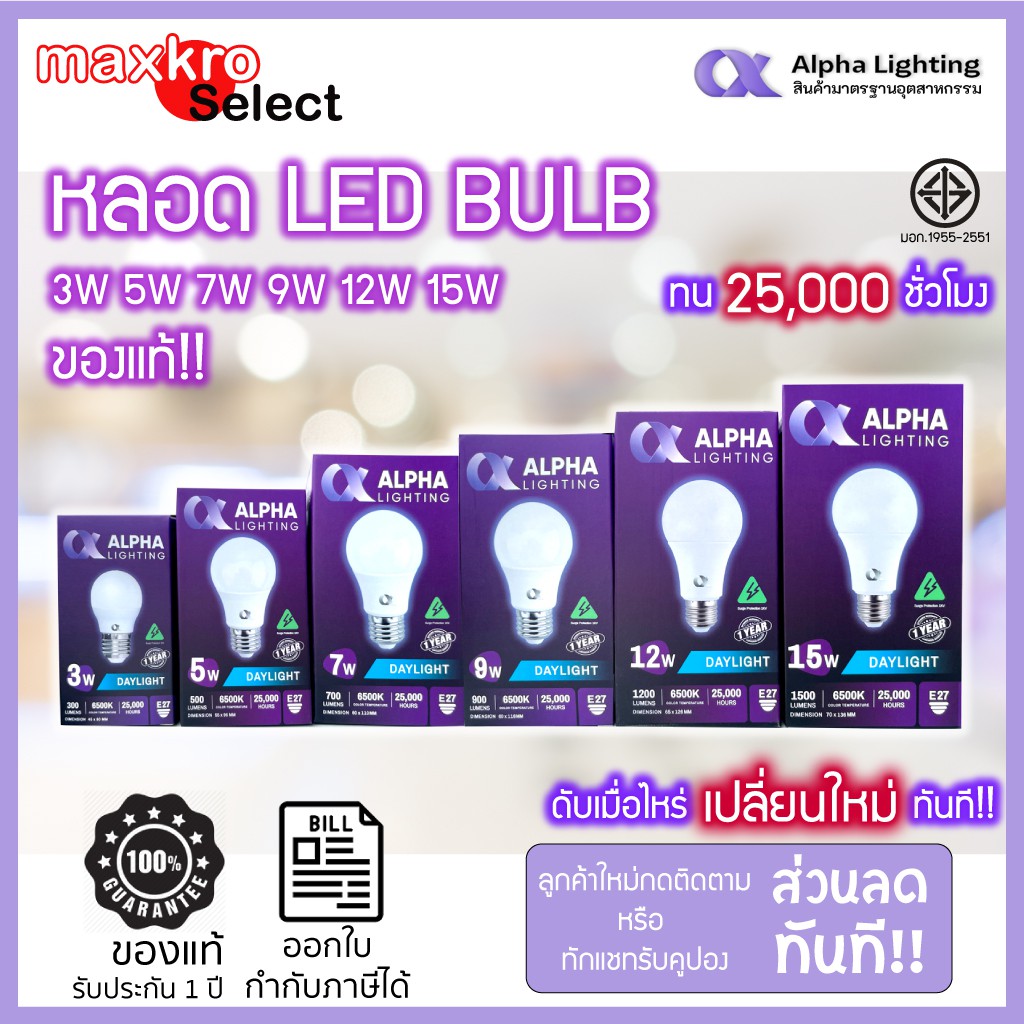 ALPHA หลอดไฟ LED Bulb (หลอดกลม)ขั้ว E27 3W 5W 7W 9W 12W 15W แสงขาว ... ALPHA หลอดไฟ LED Bulb (หลอดกลม)ขั้ว E27 3W 5W 7W 9W 12W 15W แสงขาว ...