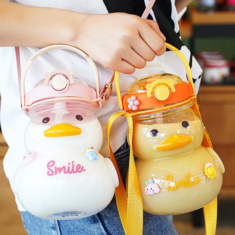 6501000ML Cute Duck Water Bottle with Straw for Girls Big Belly Plastic ...