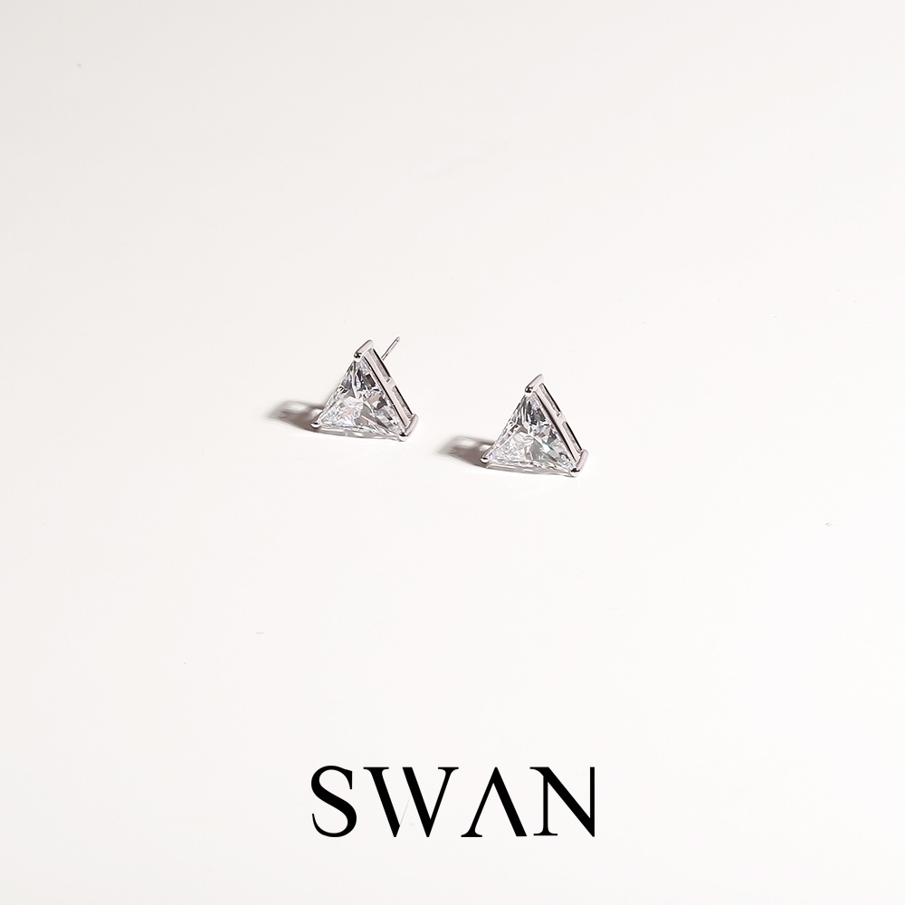 SWAN - Square Earring (77) ต่างหูติดหูเงินแท้ ฝังเพชรคิวบิกเซอร์โคเนีย ...