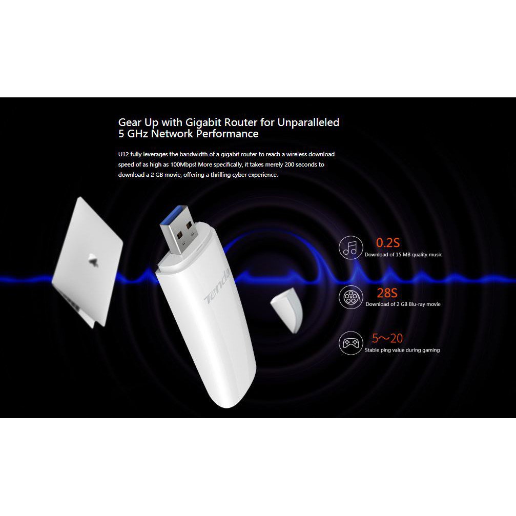 Tenda U12 USB Wi Fi Receiver Plug and Play Adapter 2.4Ghz 5Ghz support ...