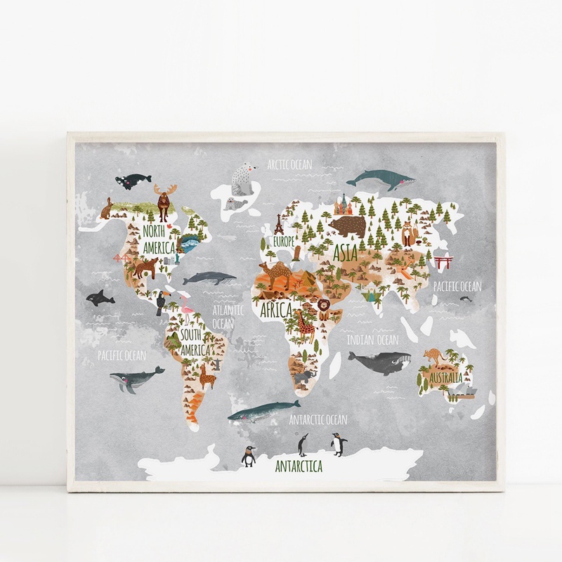 Woodland Animal World Map Poster Art Prints Nursery Decor , Watercolor ...