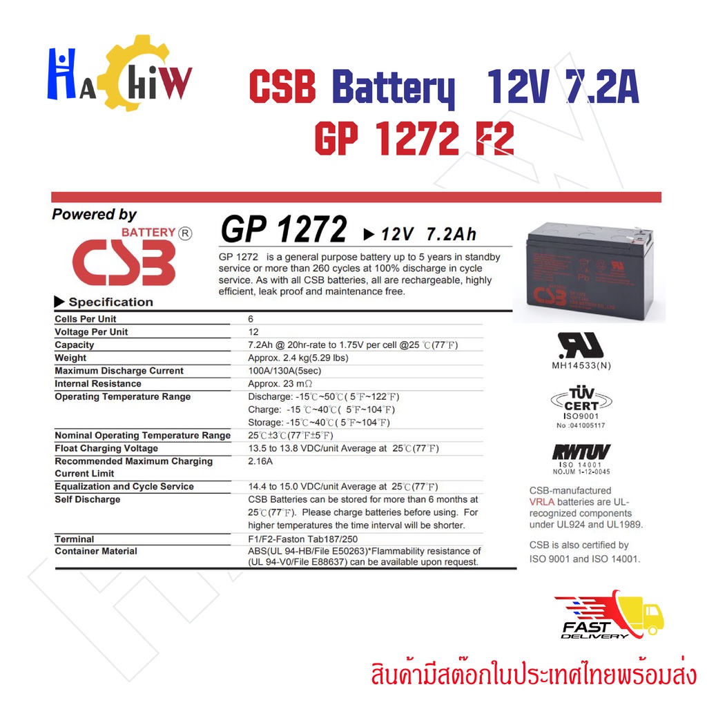 แบตเตอรี่ เครื่องสำรองไฟ(UPS) ยี่ห้อ CSB Battery 12V 7.2A Cleanline APC ...