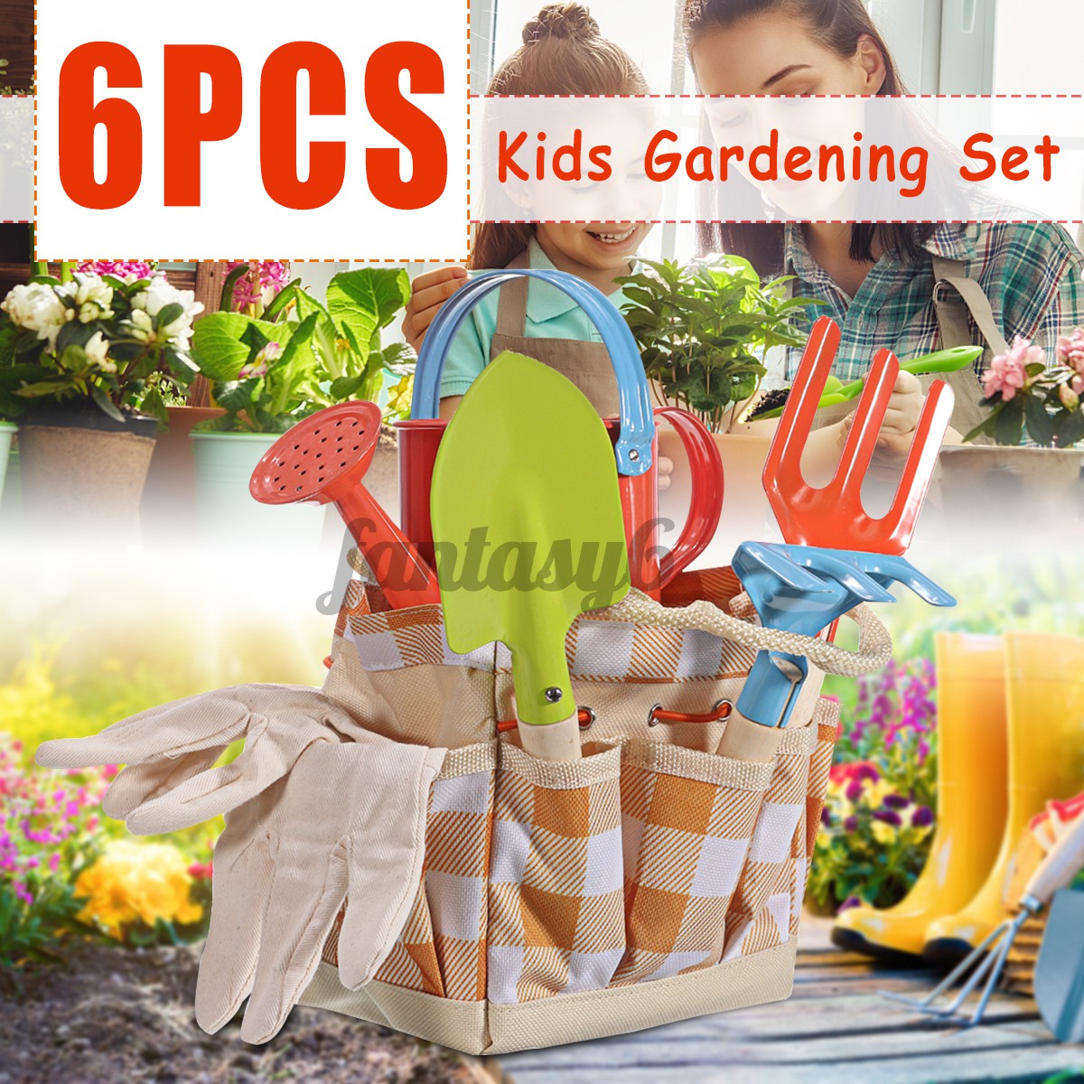 6pcs Kids Gardening Plant Tool Set Bag Gloves Watering Can Rake Fork ...