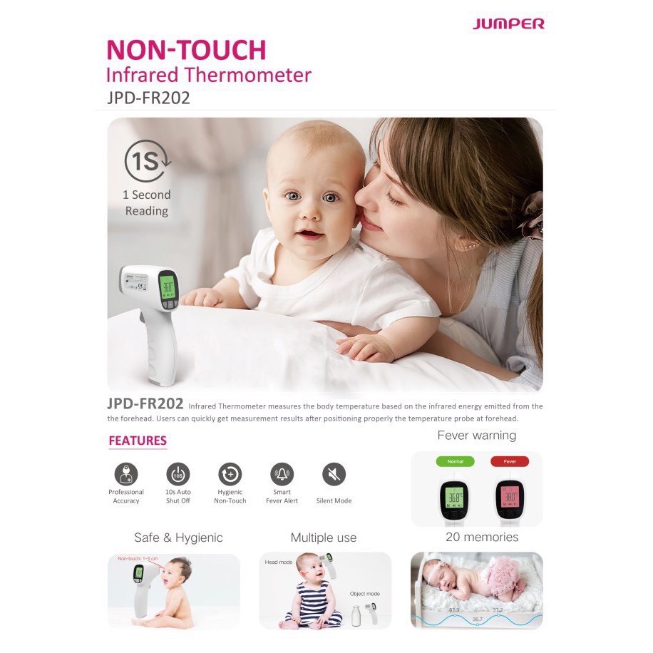 (รับประกัน 1 ปี) เครื่องวัดอุณหภูมิทางหน้าผาก Jumper JPD-FR202 Thermometer Infrared วัดไข้ทาง ...