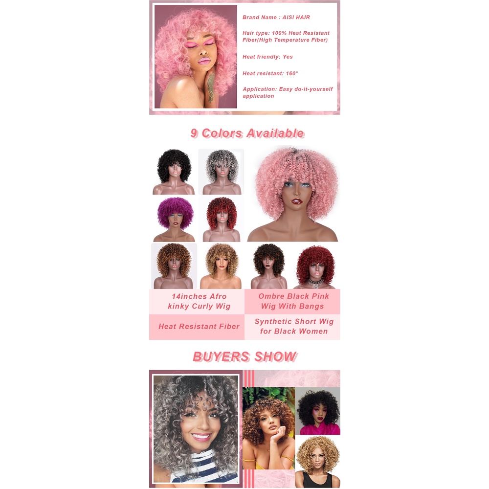 AISI HAIR 14inches Afro kinky Curly Wig Ombre Black Pink Wig With Bangs ...