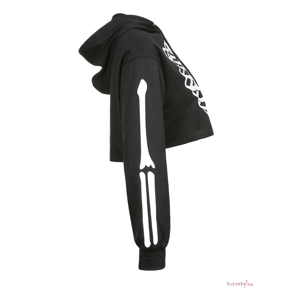 Hian Womens Skeleton Print Cropped Hoodies Casual Long Sleeve Relaxed
