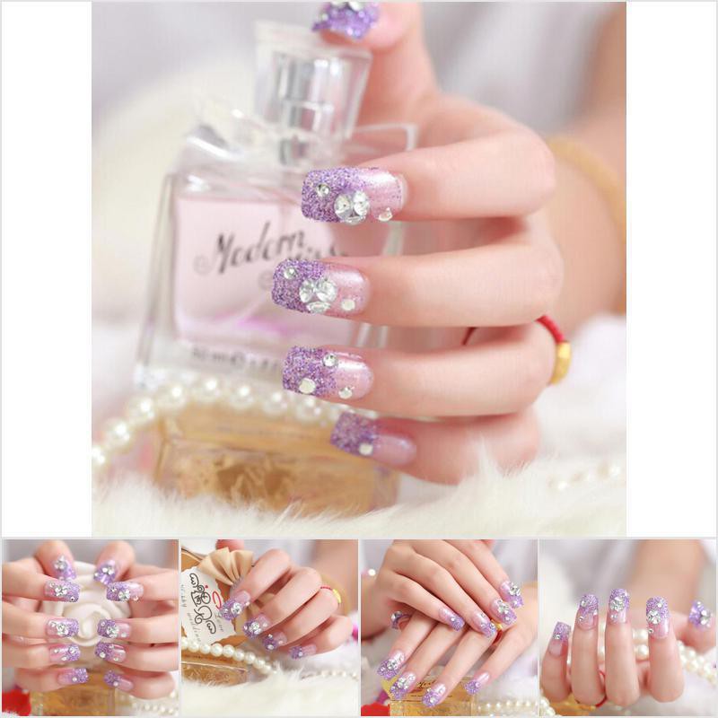 COD RTS24Pcs Purple Carved False Nails Acrylic UV Gel Full French Fake ...
