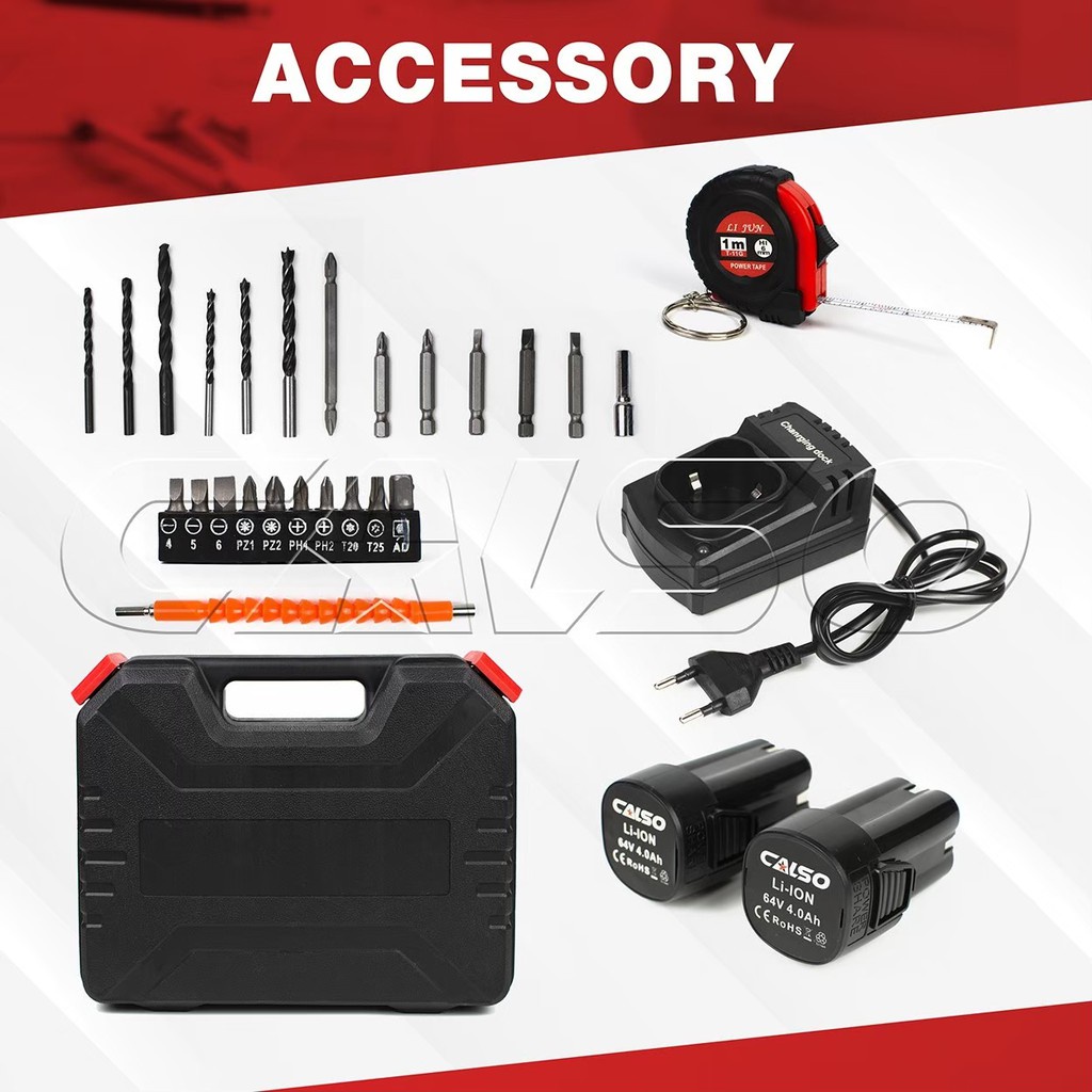 ☒CALSO 64V สว่านไร้สาย สว่าน สำหรับเจาะไม้ เหล็ก ขันน็อตสกรู ปรับสปีดได้ มาพร้อมแบตเตอรี่ 2 ก้อน ...