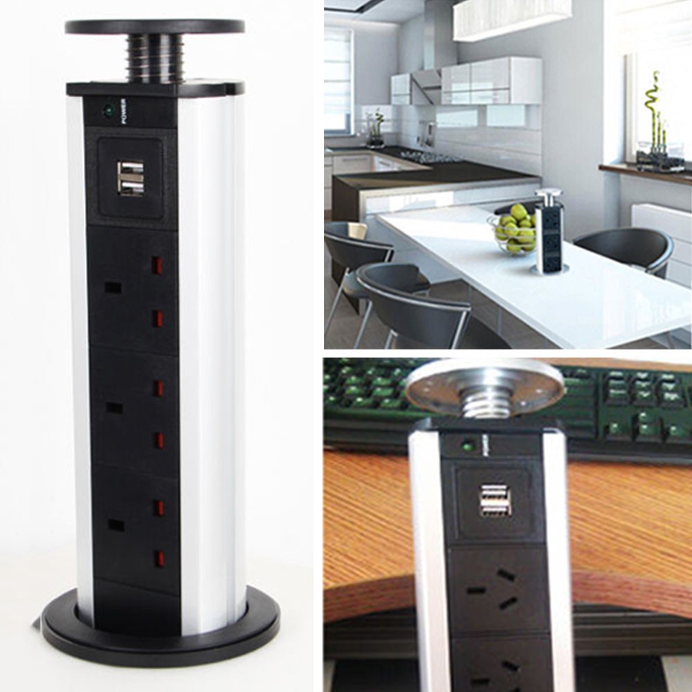 3 Plug Socket 2 USB Home US/EU/UK/AU Plug Table Pull Pop Up Electrical ...