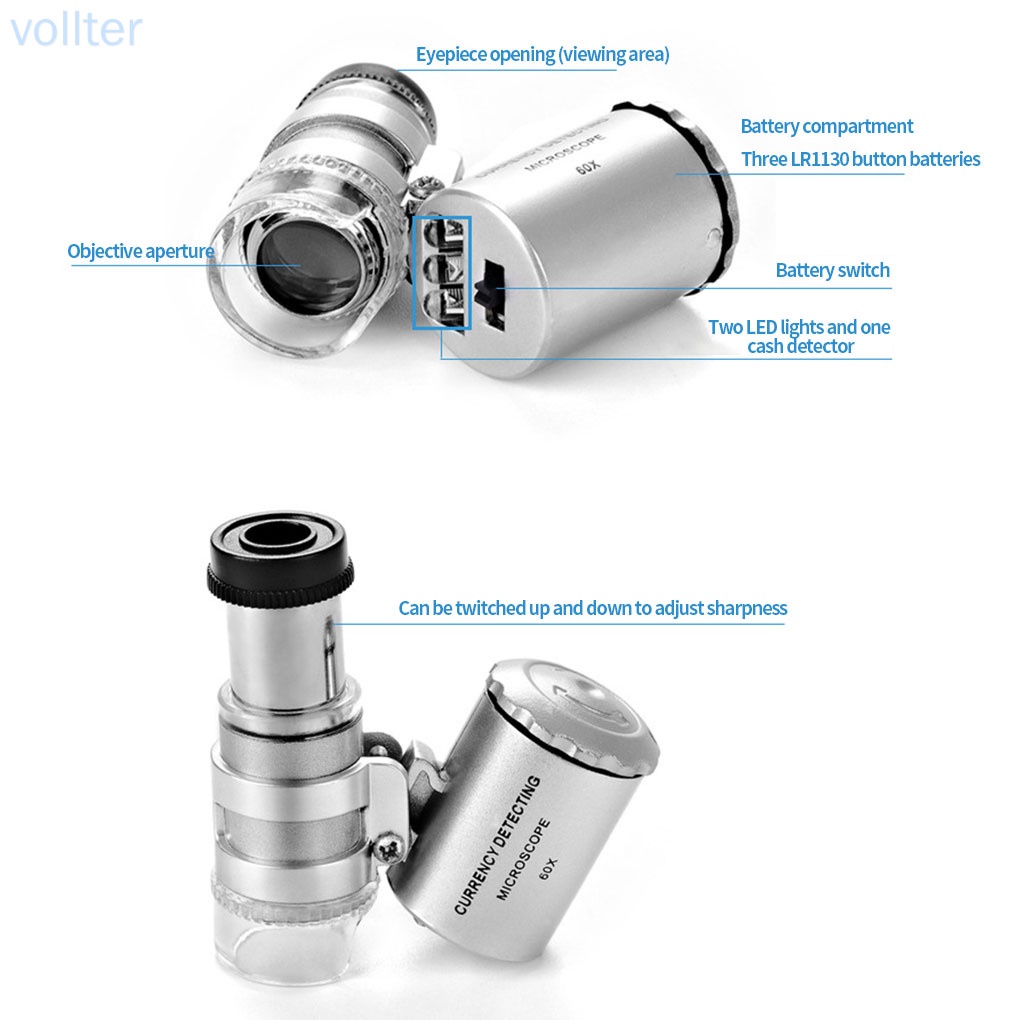 VOLL Pocket Microscope 60x Zoom Jewelry LED Mini Microscope Portable ...
