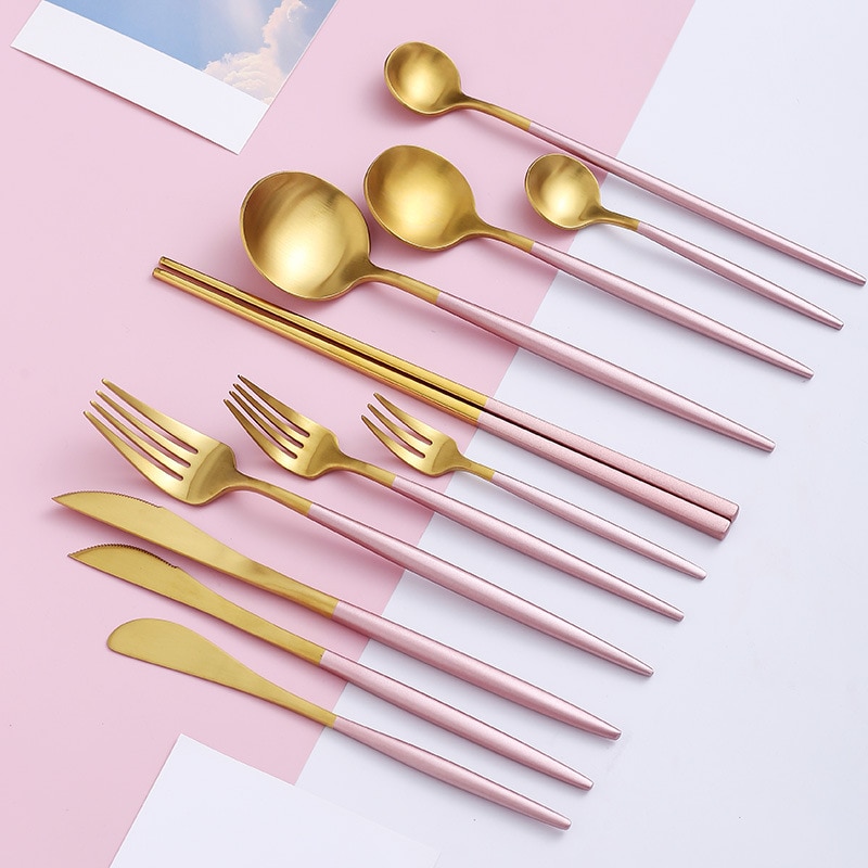 304 Stainless Steel Pink Gold Cutlery Set Dinnerware Dinner Knife Spoon ...