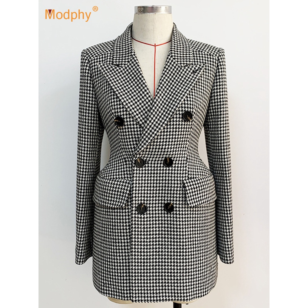 In Stock2022 Spring and Autumn New Notched Collar Slim Houndstooth Woolen Midi Jacket Female ...