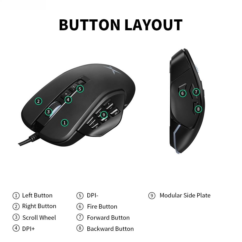 Delux M631 Wired MMO Gaming Mouse RGB Backlit 9 Side Buttons High ...