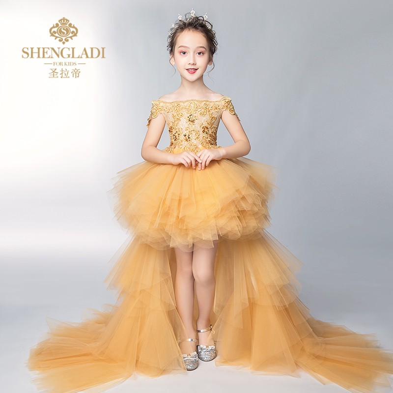 เดรสเด็กแฟชั่น ชุดเจ้าหญิงหญิง นางแบบต่อท้าย วันเกิดของโฮสต์บนแคทวอล์ค เครื่องแต่งกายสไตล์ตะวัน