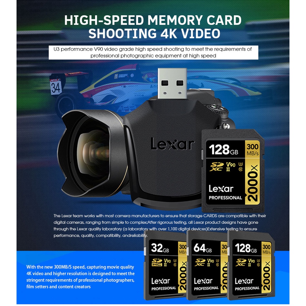 Lexar 2000X Memory Card 32 64 128 gb Class 10 U3 V90 4K SD Card 32GB ...