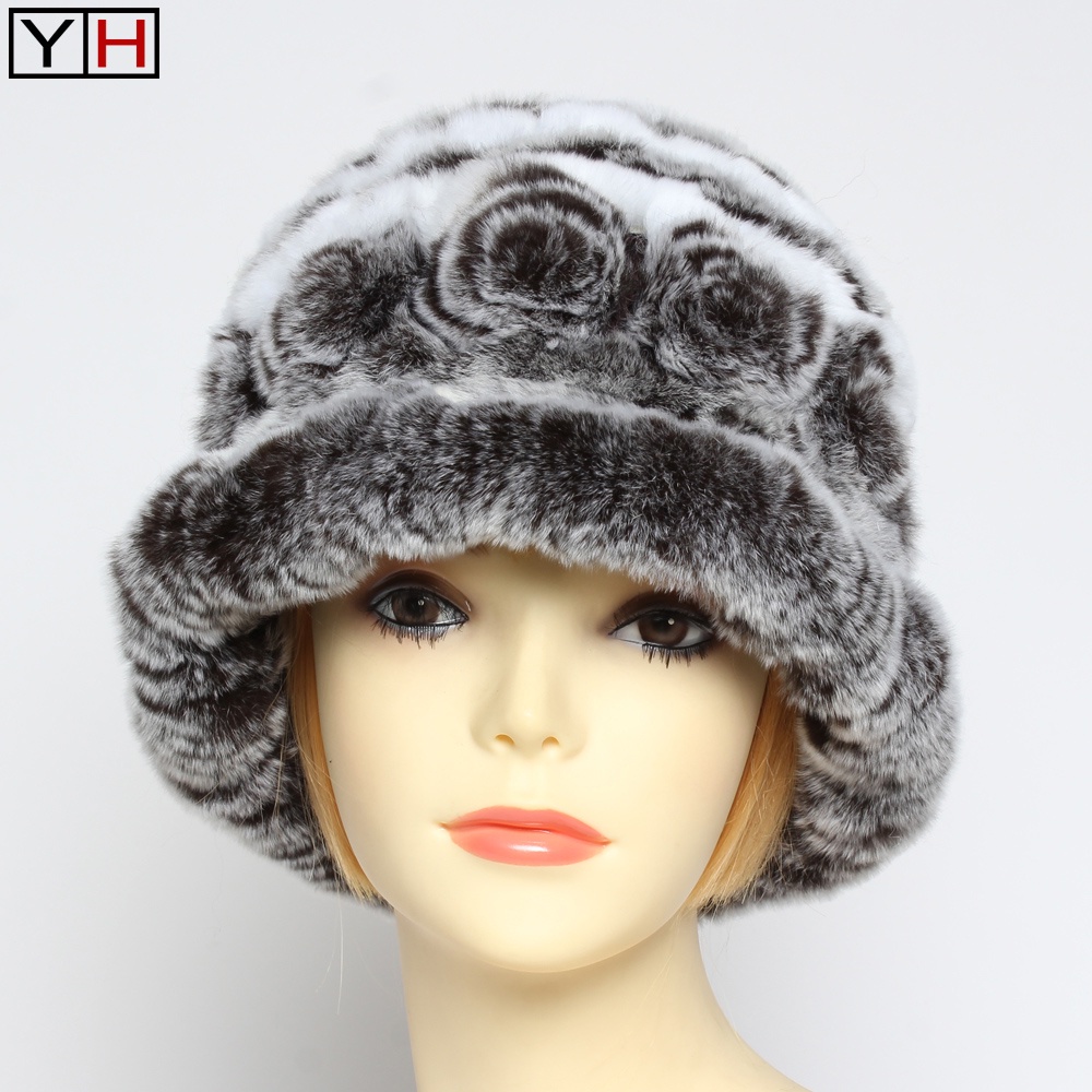 Winter Women Luxury Flowers Natural Real Rex Rabbit Fur Caps Lady ...