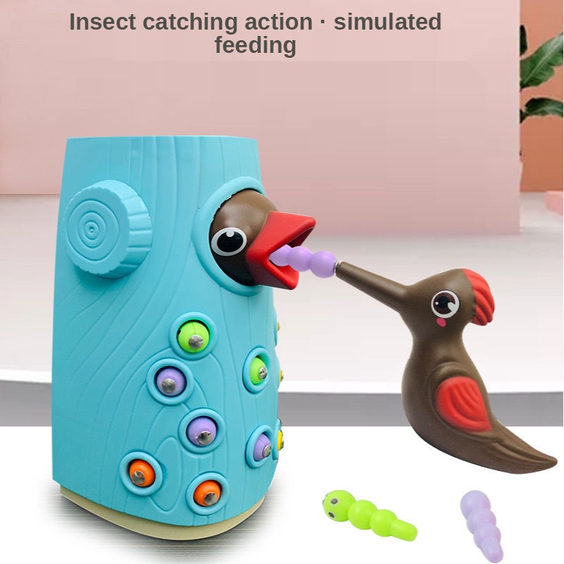 Kids Toy Magnetic Wooden Woodpecker Catch the Worms Animal Game Toy for Baby Fishing Insect ...