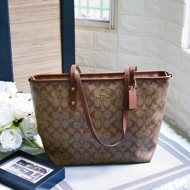 COACH F58292 CITY ZIP TOTE IN SIGNATURE COATED CANVAS IM / KHAKI ...