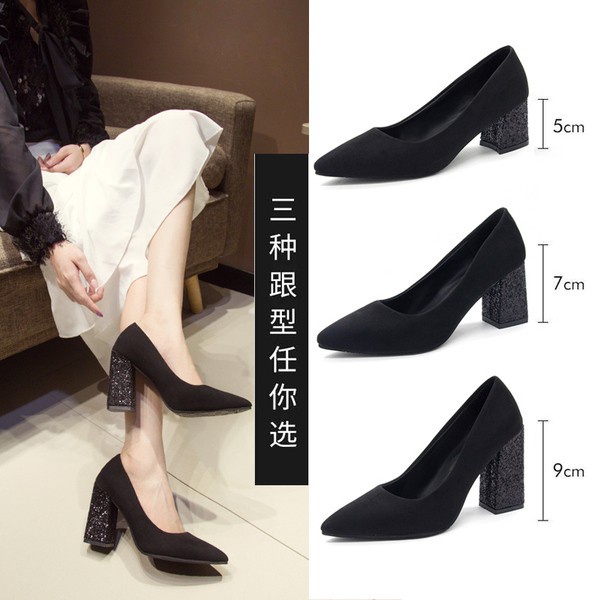 Thick heel black suede professional working women's shoes sexy pointed ...