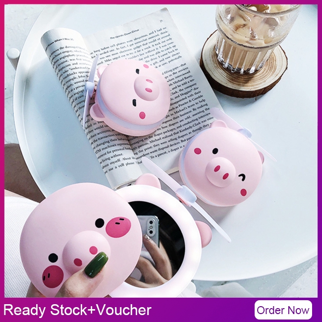 GREEN HOME Cartoon Pig Portable LED Fill Light Makeup Mirror Fan USB ...
