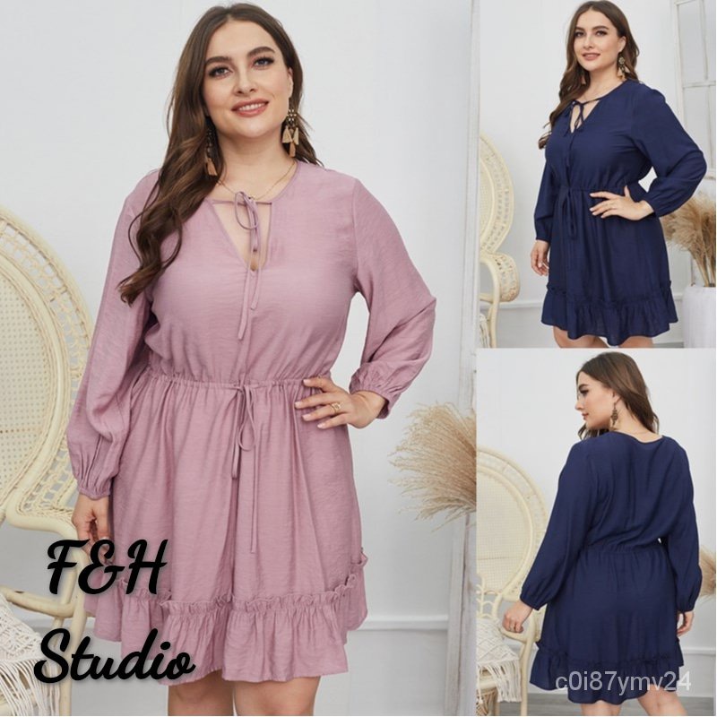 L-4XL Women Big Size Dress V Neck Long Sleeve Front Tie Slim Fit Plus ...