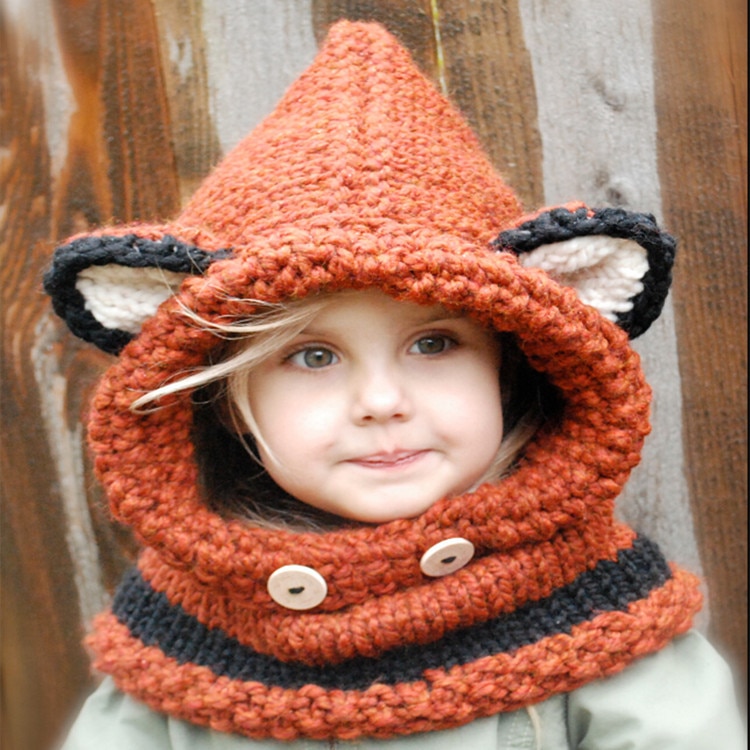 Winter Animal knit Hats Baby Kids Fox Warm Woolen Hats Coif Hood Scarf ...