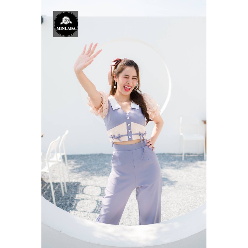 Minlada Brand การันตีเสื้อผ้าแบรนด์แท้ เซท กางเกง ขายาวทรงน่ารัก แต่งผ้าลูกไม้ช่วงแขนเสื้อ สี ...