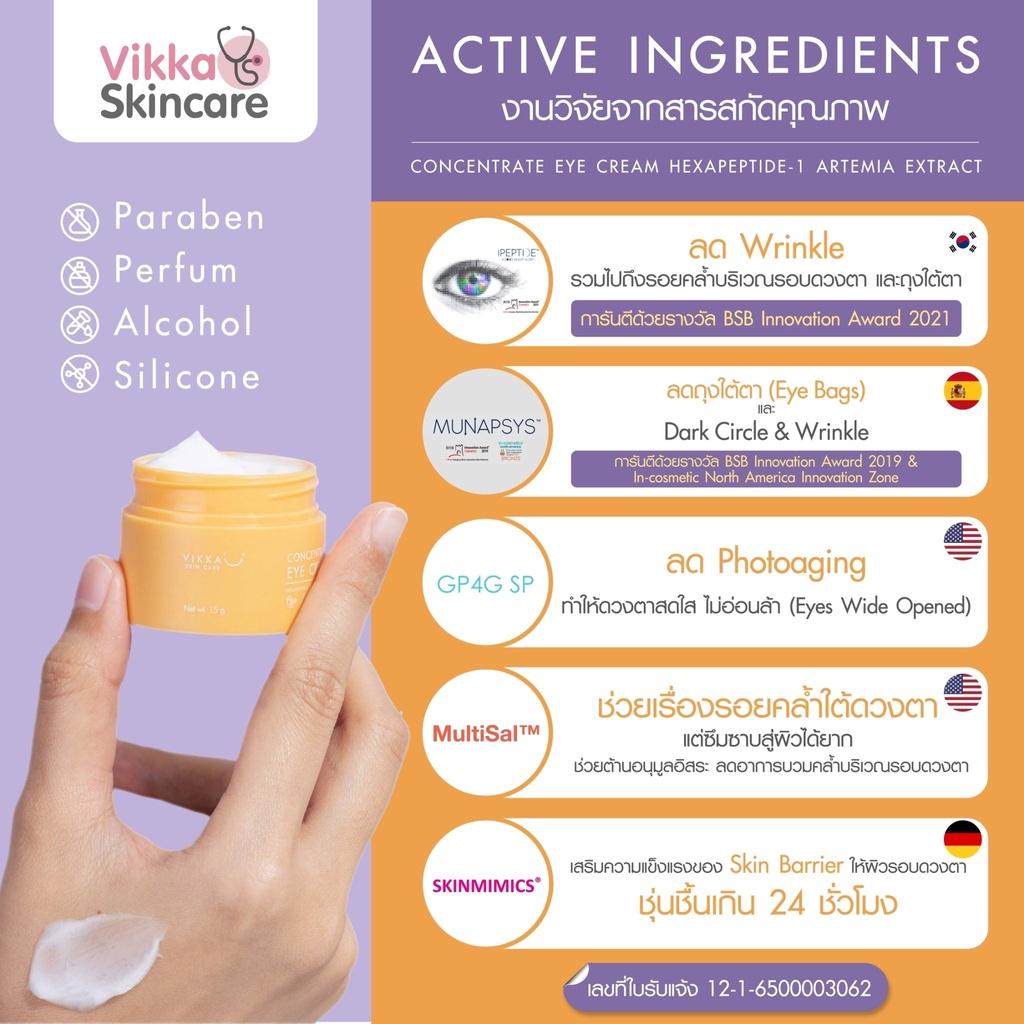 VIKKASKINCARE EYE CREAM 15g1 กระปุก วิกกา อายครีม ครีมบำรุงรอบดวงตา ลดเลือนริ้วรอย ลดขอบตาดำ บวม ...
