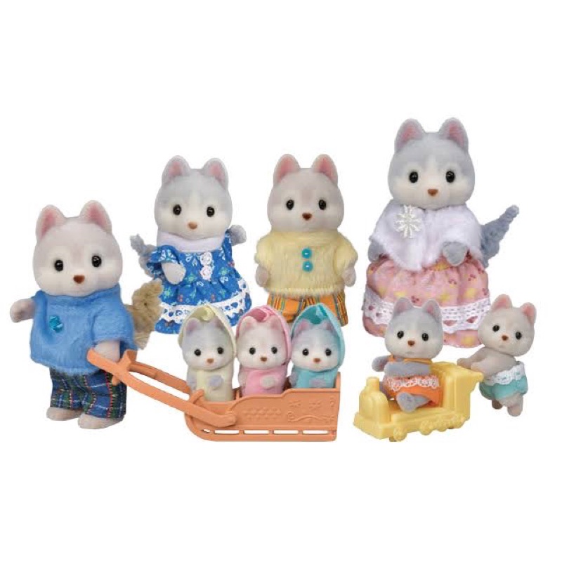 ตุ๊กตาครอบครัวหมาฮัสกี้ชุดเสื้อผ้ากันหนาว และรถเลื่อนหิมะ ซิลวาเนียน ...