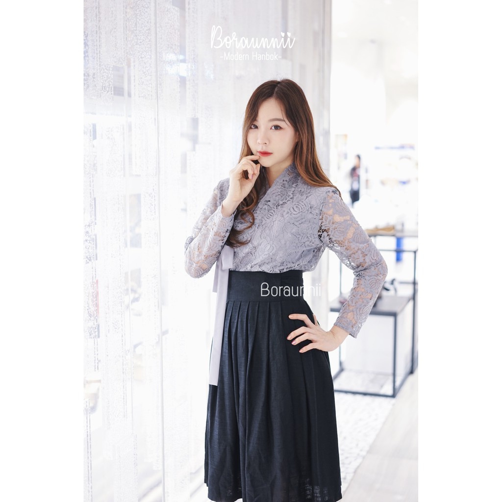 Boraunnii ฮันบกประยุกต์ รุ่น Lacy lady Grey เสื้อลูกไม้ พร้อมส่ง เกรดพร ...