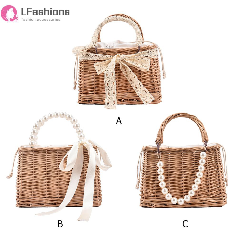 Women Rattan Woven Pearl Tote Bags Ladies Beach Solid Color Basket ...
