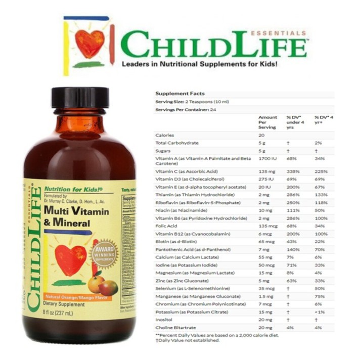 ChildLife Essentials Multi Vitamin Mineral Natural OrangeMango Flavor 8 ...
