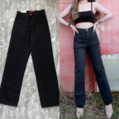รหัส 10 กางเกงยีนส์ขากระบอก แต่งกระเป๋าเล็กๆข้างหน้า ทรงเบสิก สีดำสนิท ...