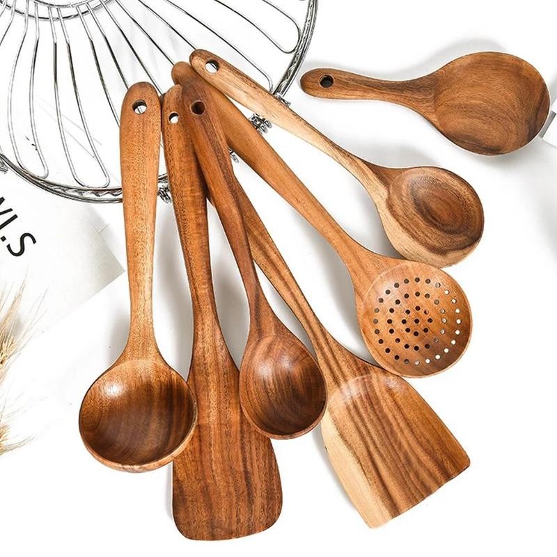 ⊕Natural Wood Tableware Spoon Ladle Turner Long Rice Colander Soup ...