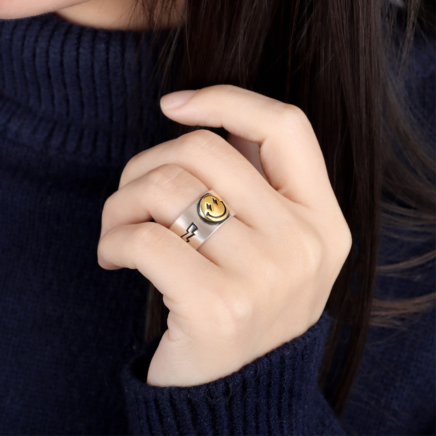 ROSE 1/2PCS Girl Smiling Face Rings Silver color Jewelry Smiley Face ...