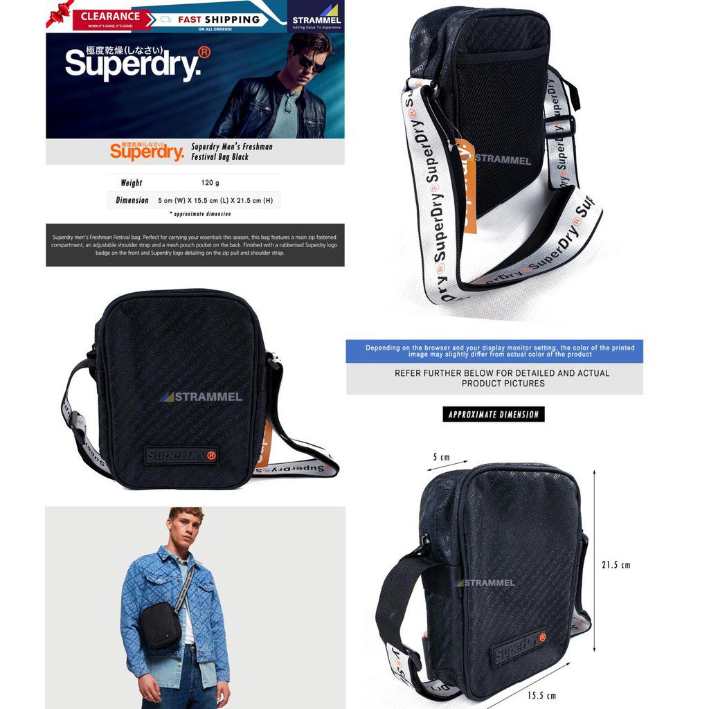 100 Authentıc Superdry The Freshman Festival Black Bag 3L Side Bag ...