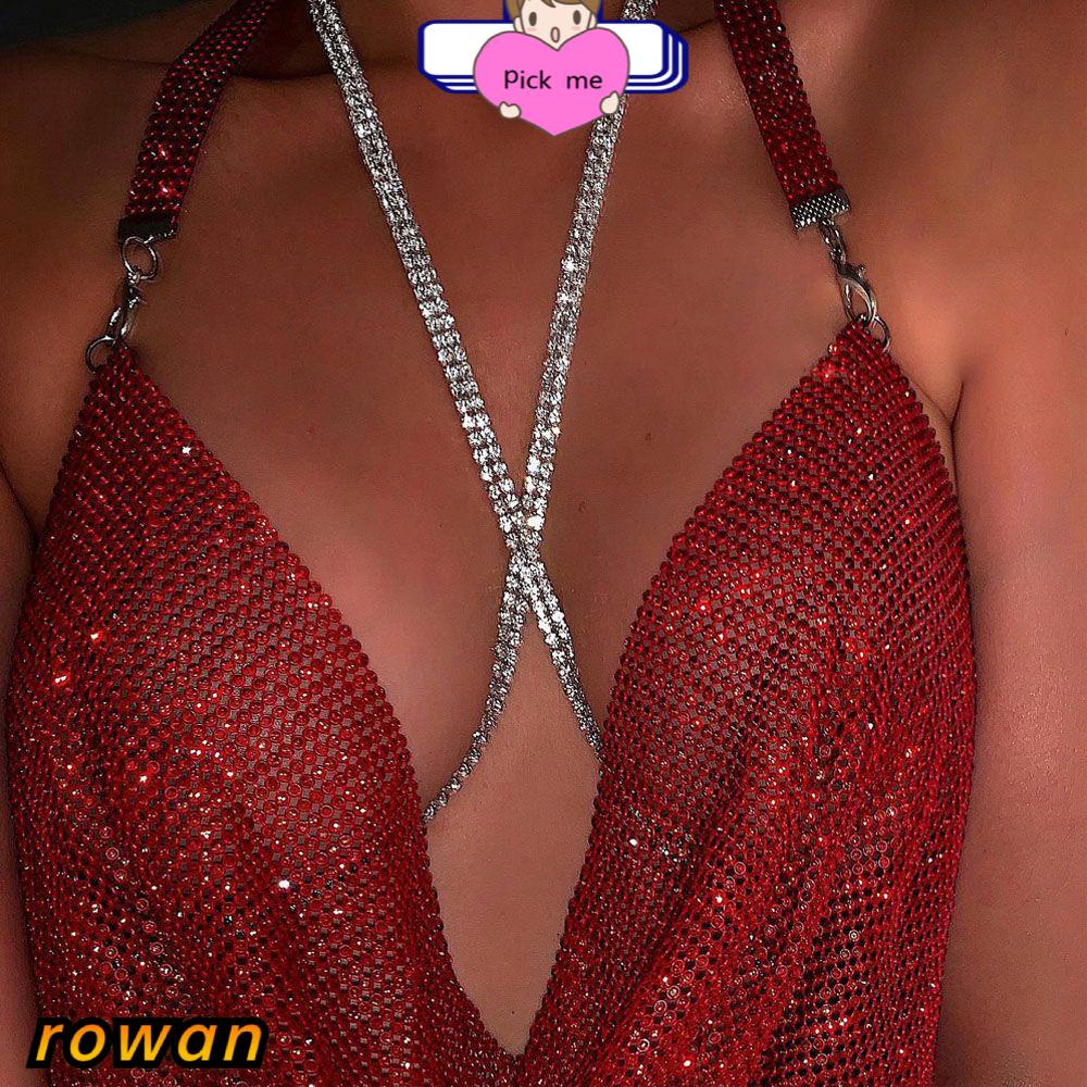 Row Delicate Rhinestone Body Chain Silver Color Harness Cross Chest