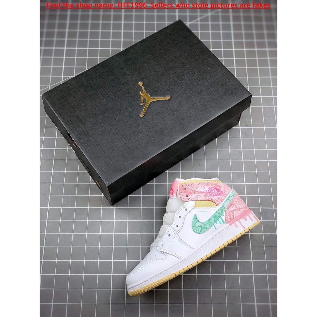 (FF)(HFF1996) รองเท้าบาสเก็ตบอล Air Jordan 1 Mid White Pink ...