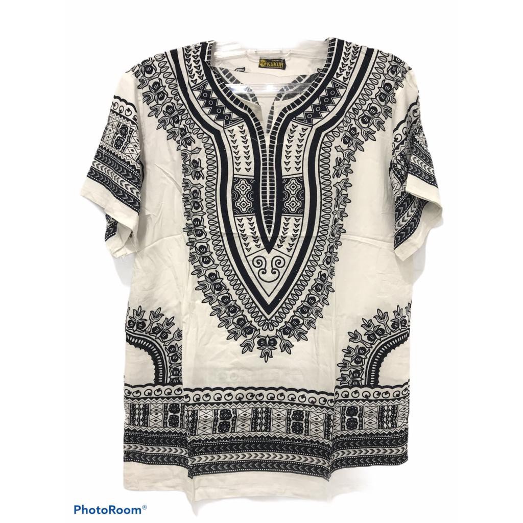 Unisex Black And White Dashiki Motif Bali Tops - g_21uty0z2 - ThaiPick