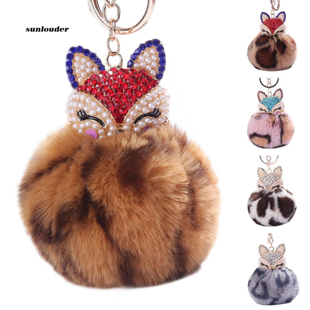SNLD_Fox Rhinestone Leopard Print Faux Fur Ball Pendant Women's ...
